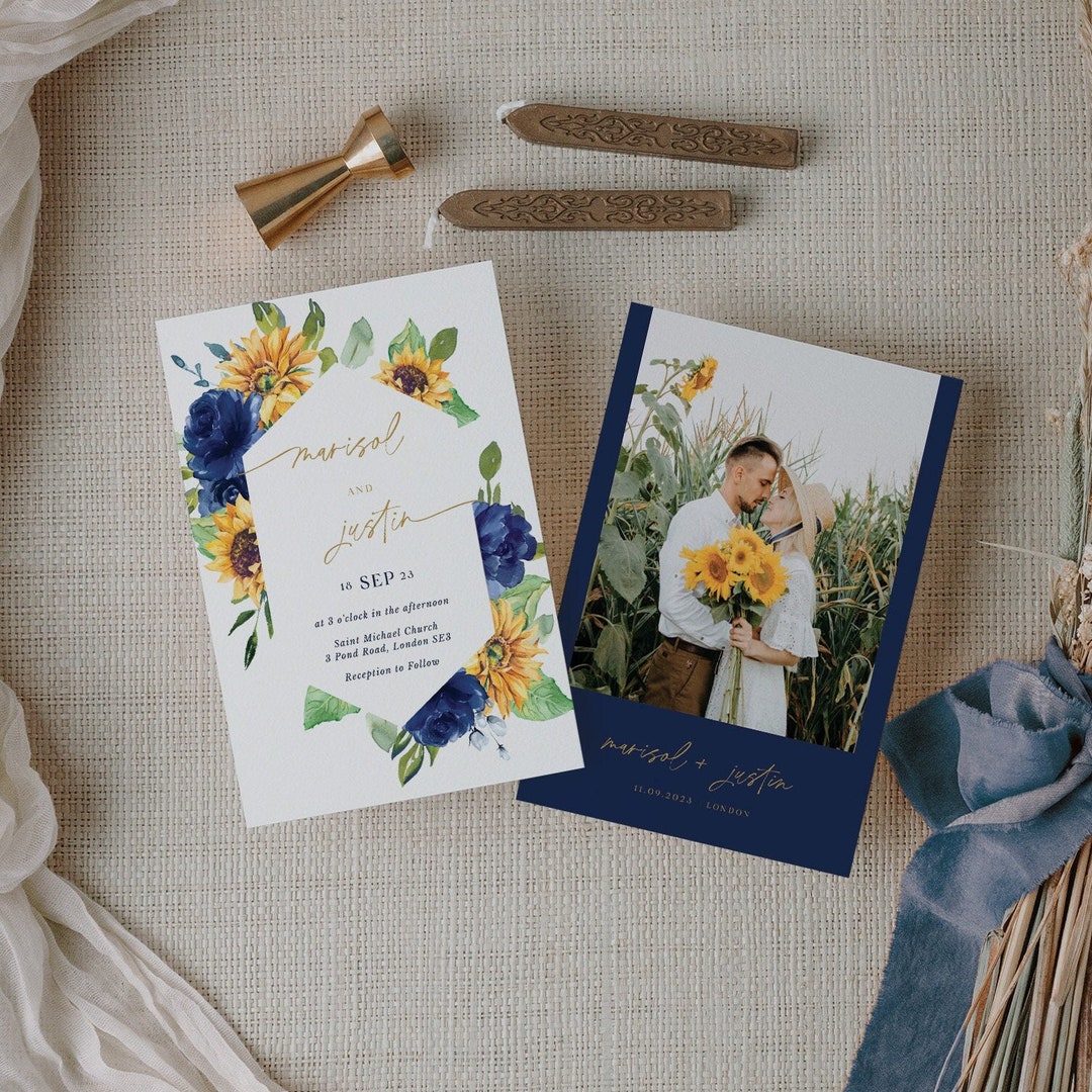 IVY Blue and Yellow Wedding Invitation, Rustic Wedding Invitation ...