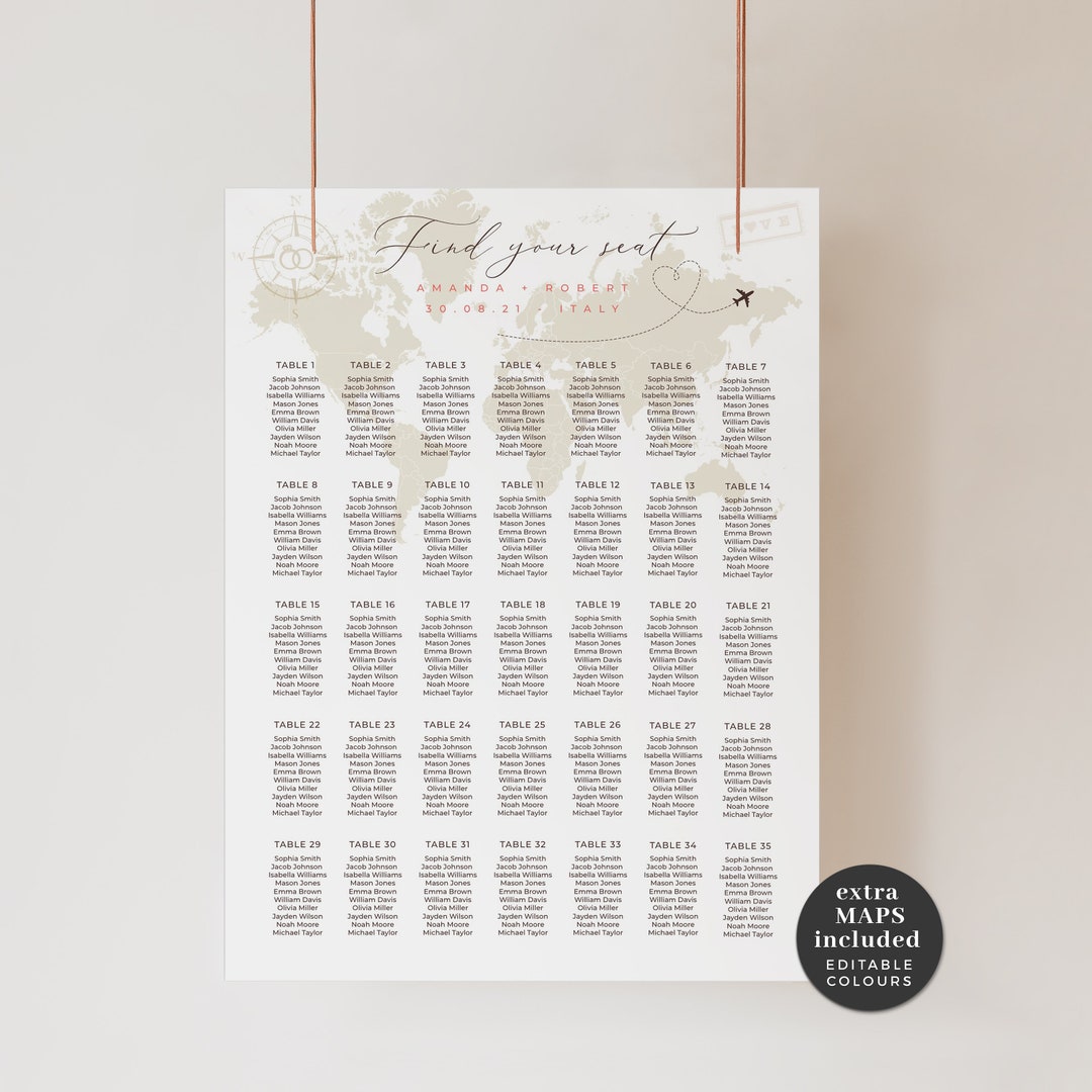 Sofia Guest Seating Chart Wedding, Travel Seating Chart Printable, Map ...
