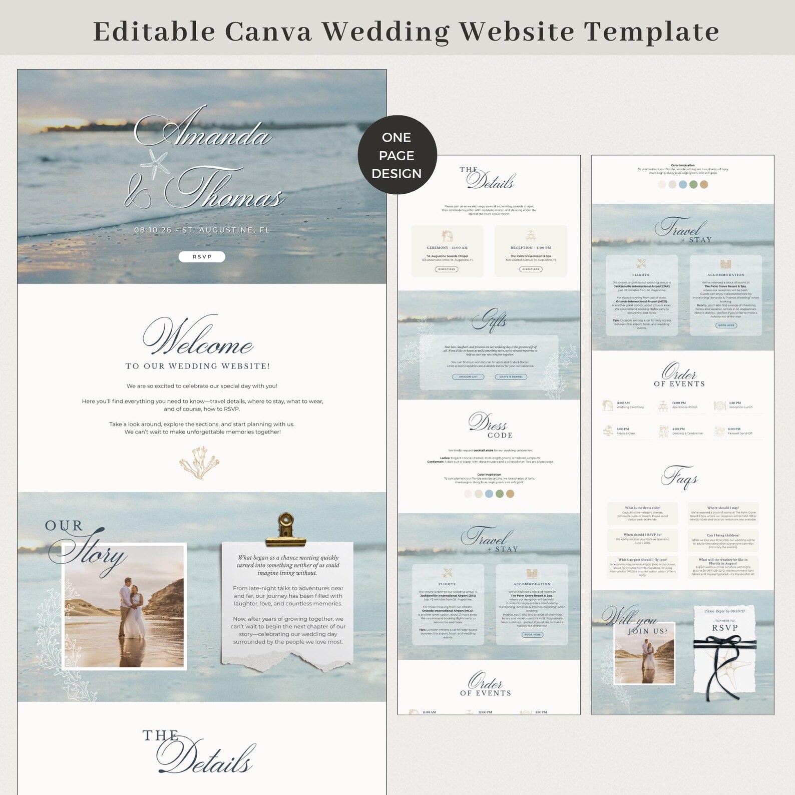 Beach Wedding Website Template Canva, Coastal Wedding Website With Rsvp ...