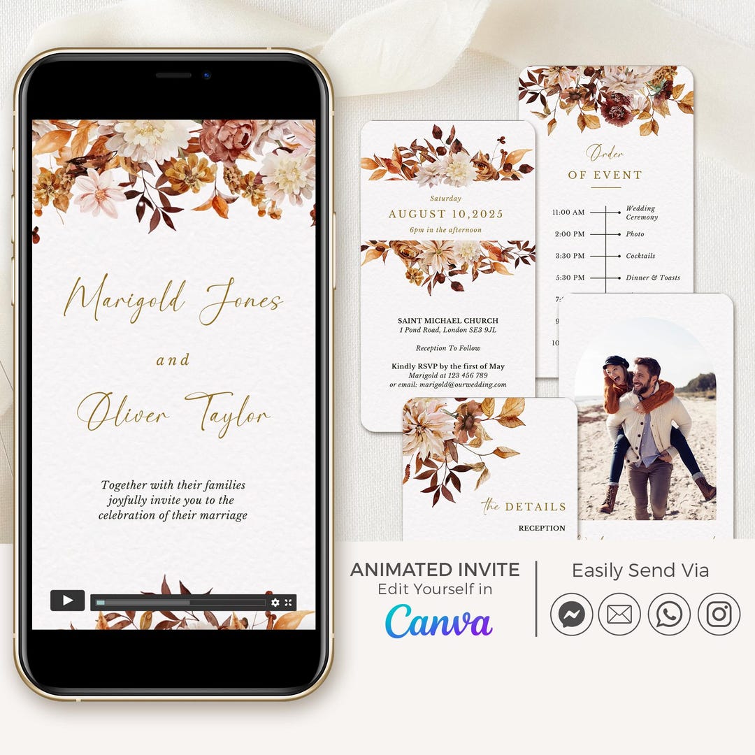 Fall Wedding Invitation Video Template, Video Wedding Invitation Boho ...