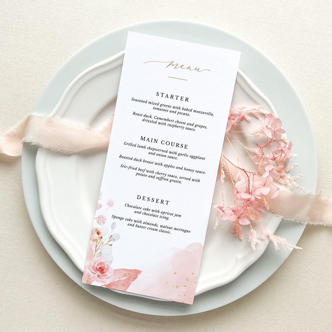 Fiorella | Template for Wedding Menu, Romantic Wedding Menu Cards, Pink ...
