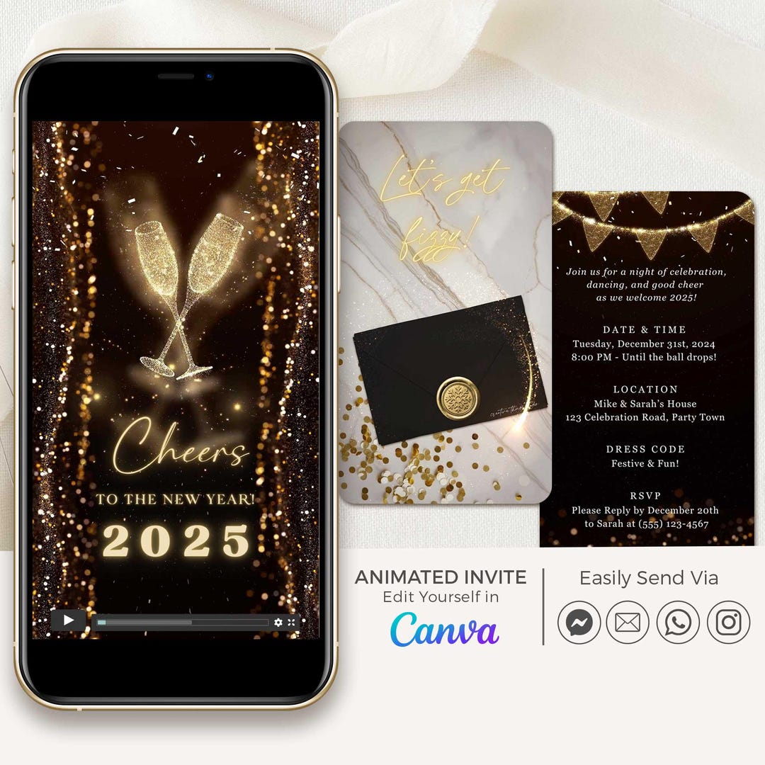 2025 New Year Party Invite, Cheers to the New Year Invite, Digital New ...