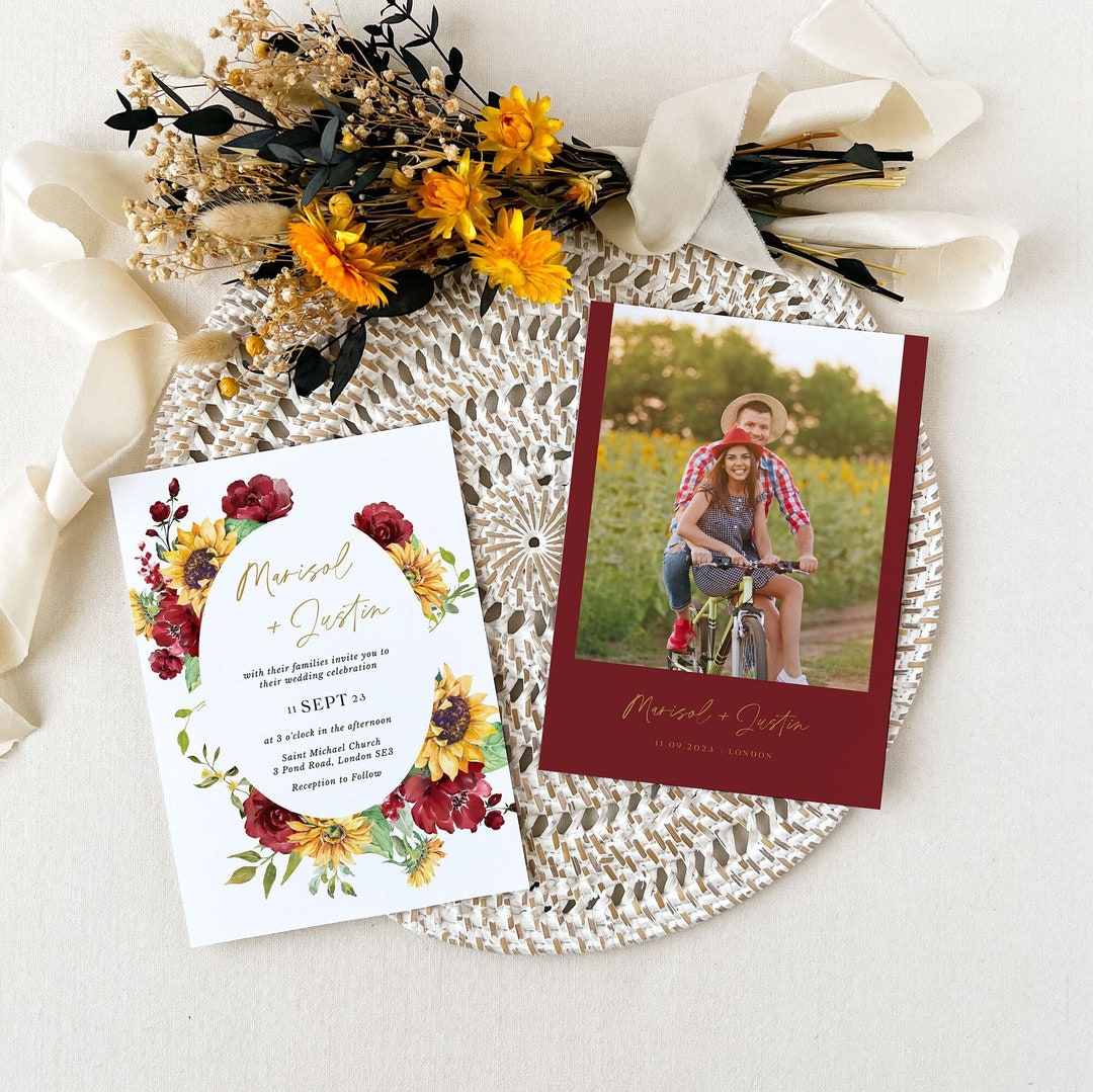 RUBY Country Wedding Barn Invitation Template, Red Roses and Sunflowers ...