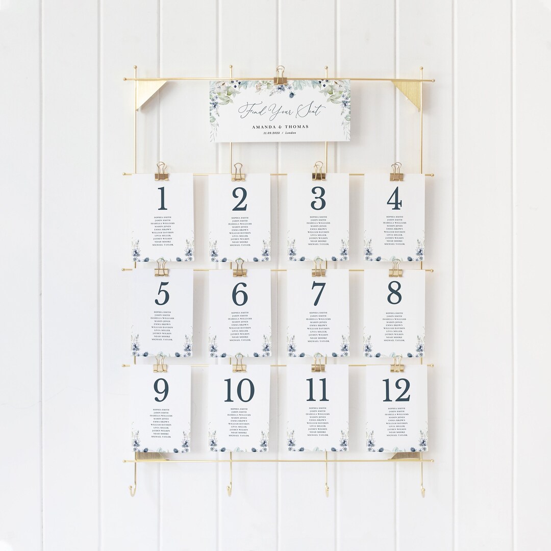 BIANCA Winter Wedding Seating Chart Card Template, Dusty Blue Wedding ...