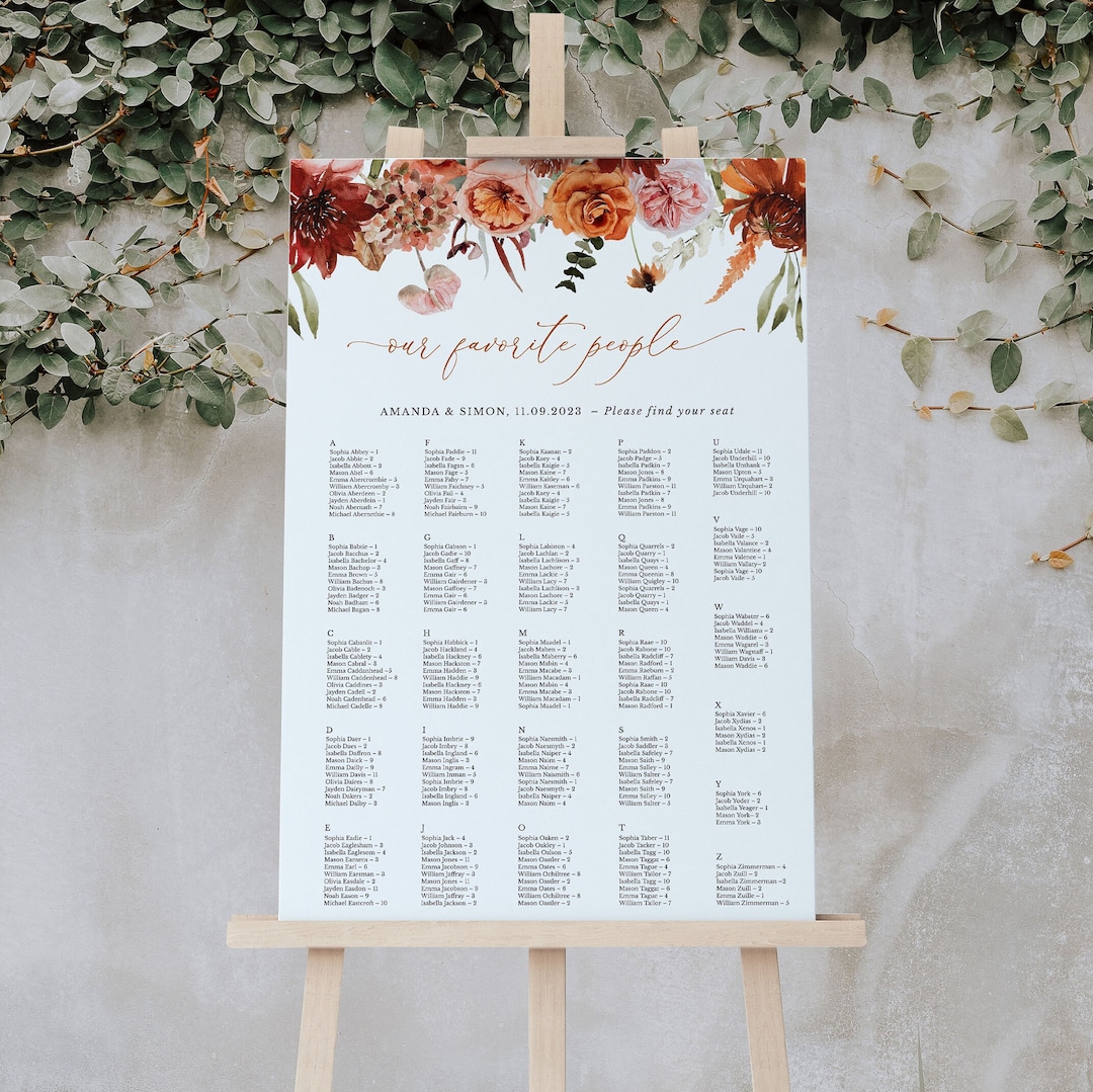 SCARLETT Boho Seating Chart Template Alphabetical, Alphabetical Seating ...