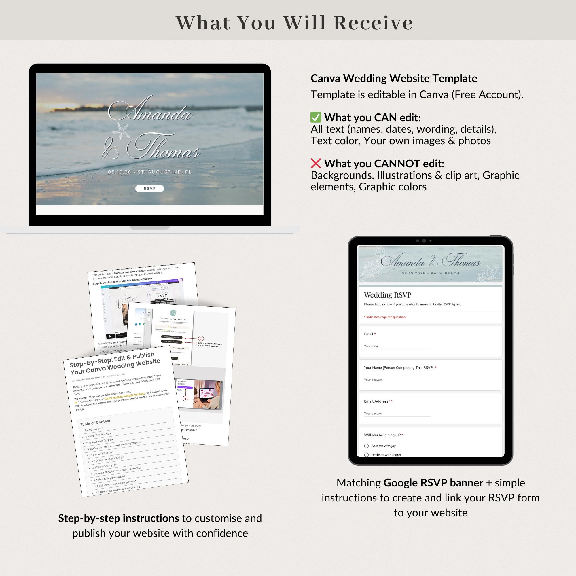 Beach Wedding Website Template Canva, Coastal Wedding Website With Rsvp ...