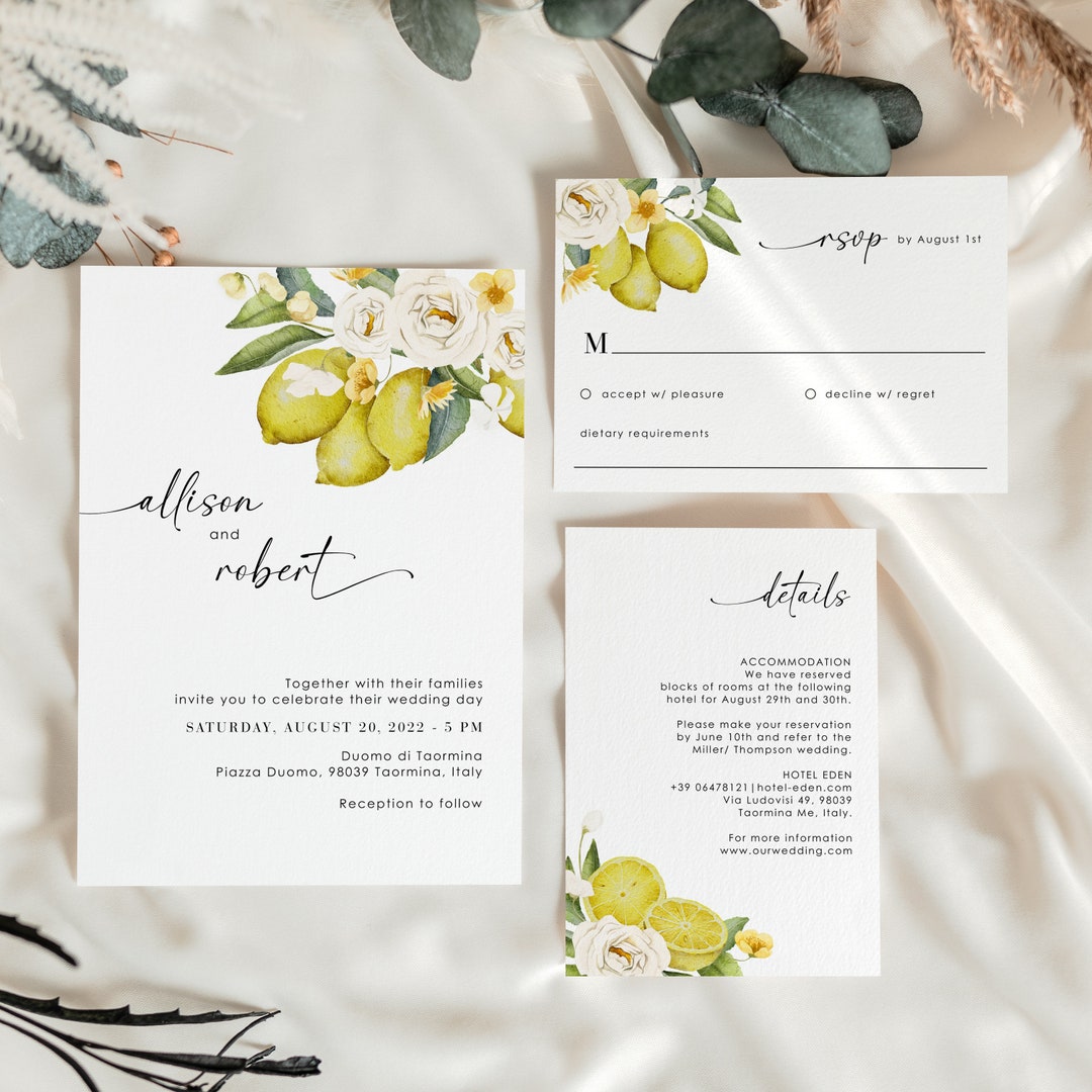 AMELIA Flowers & Lemon Wedding Invitation Suite Template, Italian ...