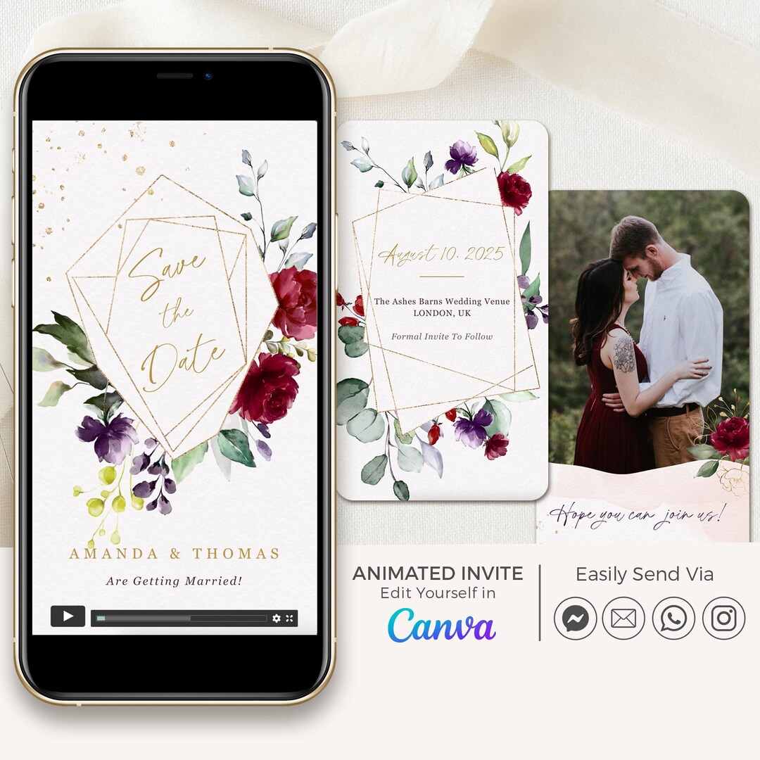Burgundy Save the Date Digital Video, Elegant Save the Date Video ...