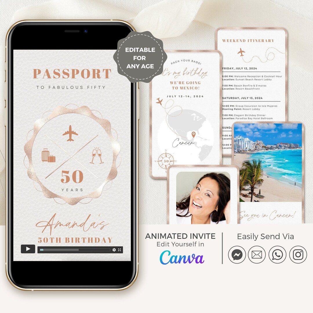 Destination Birthday Invitation for Women, Passport Birthday Invitation ...