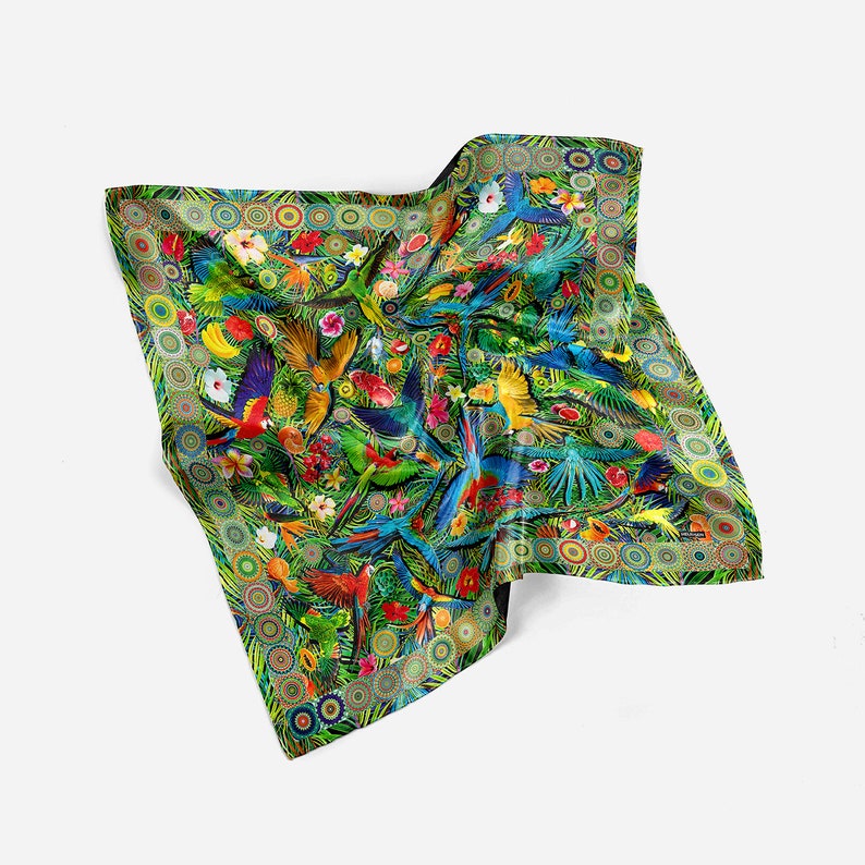 Colorful Silk Scarf With Tropical Bird Pattern Wraps and | Etsy