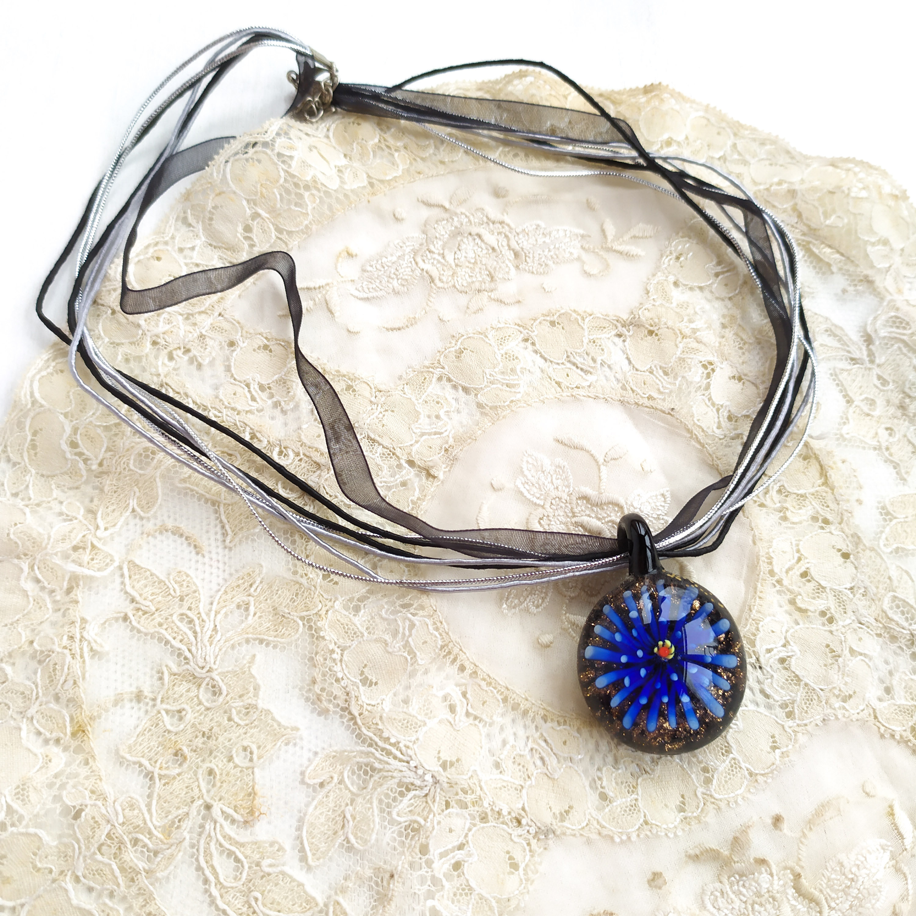 Murano Glass Necklace Blue Flower Pendant Necklace Lampwork Etsy