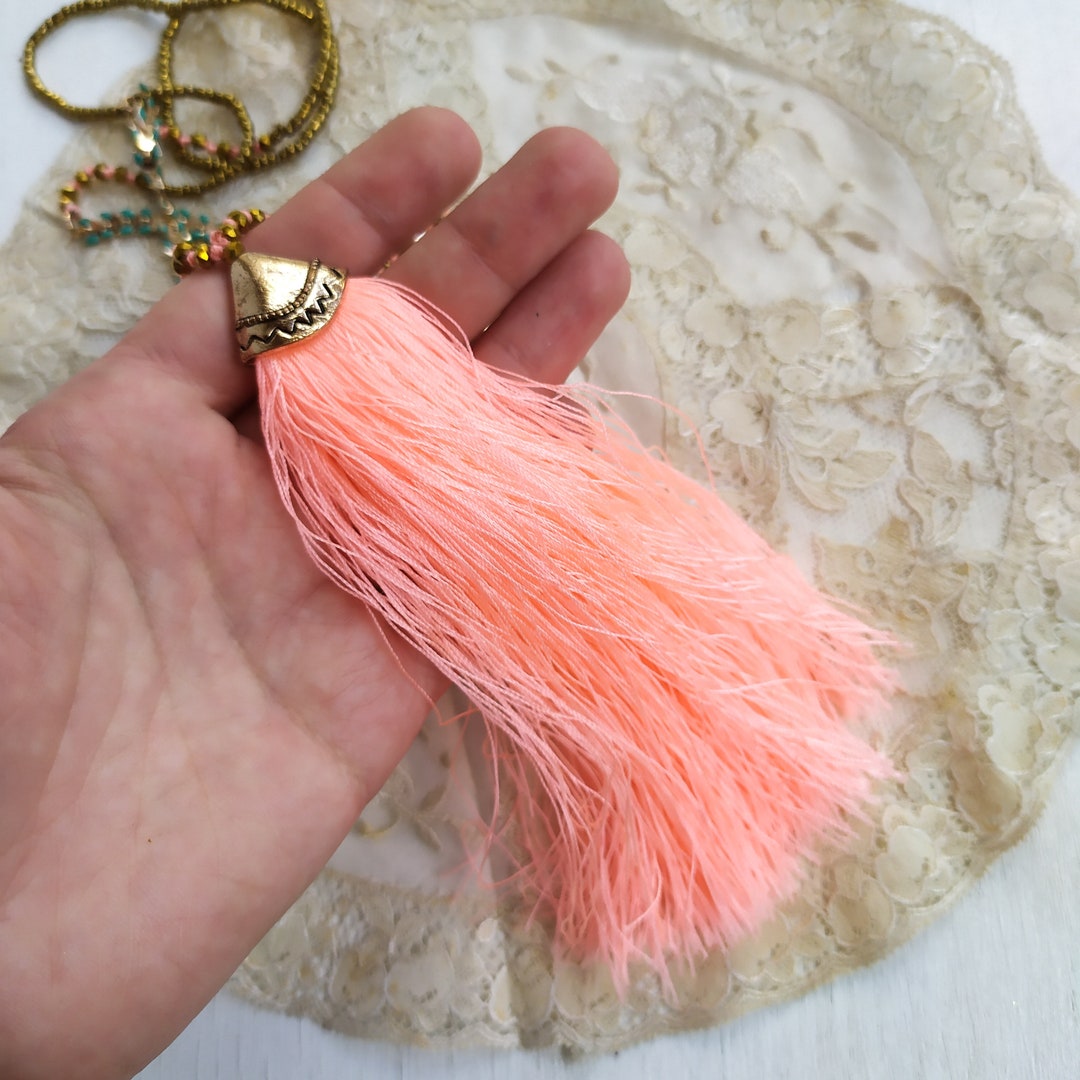 Vintage Neon Pink Tassel Lariat Necklace: 1980s Boho Statement Jewelry ...