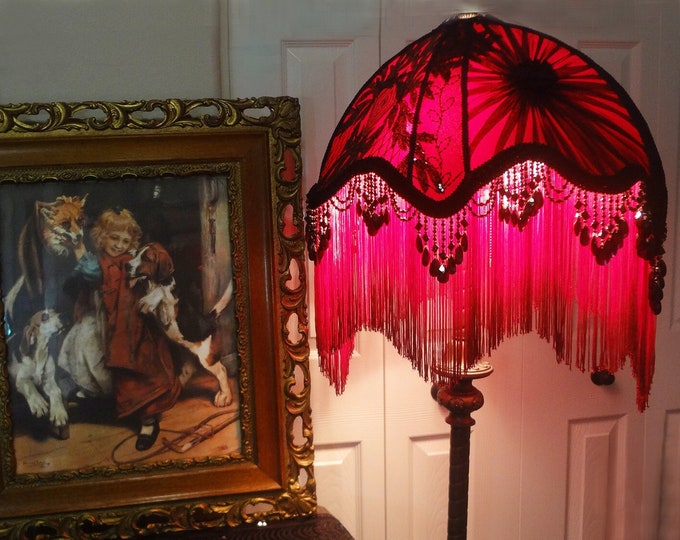 Large, Victorian Style, Handmade, Silk, Black and Red, Lamp Shade, With ...