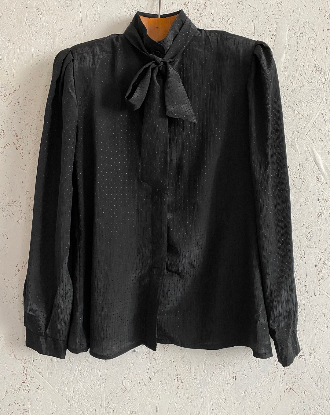 Vintage Black Blouse With Bow Collar | Black Blouse for Women Size M - Etsy