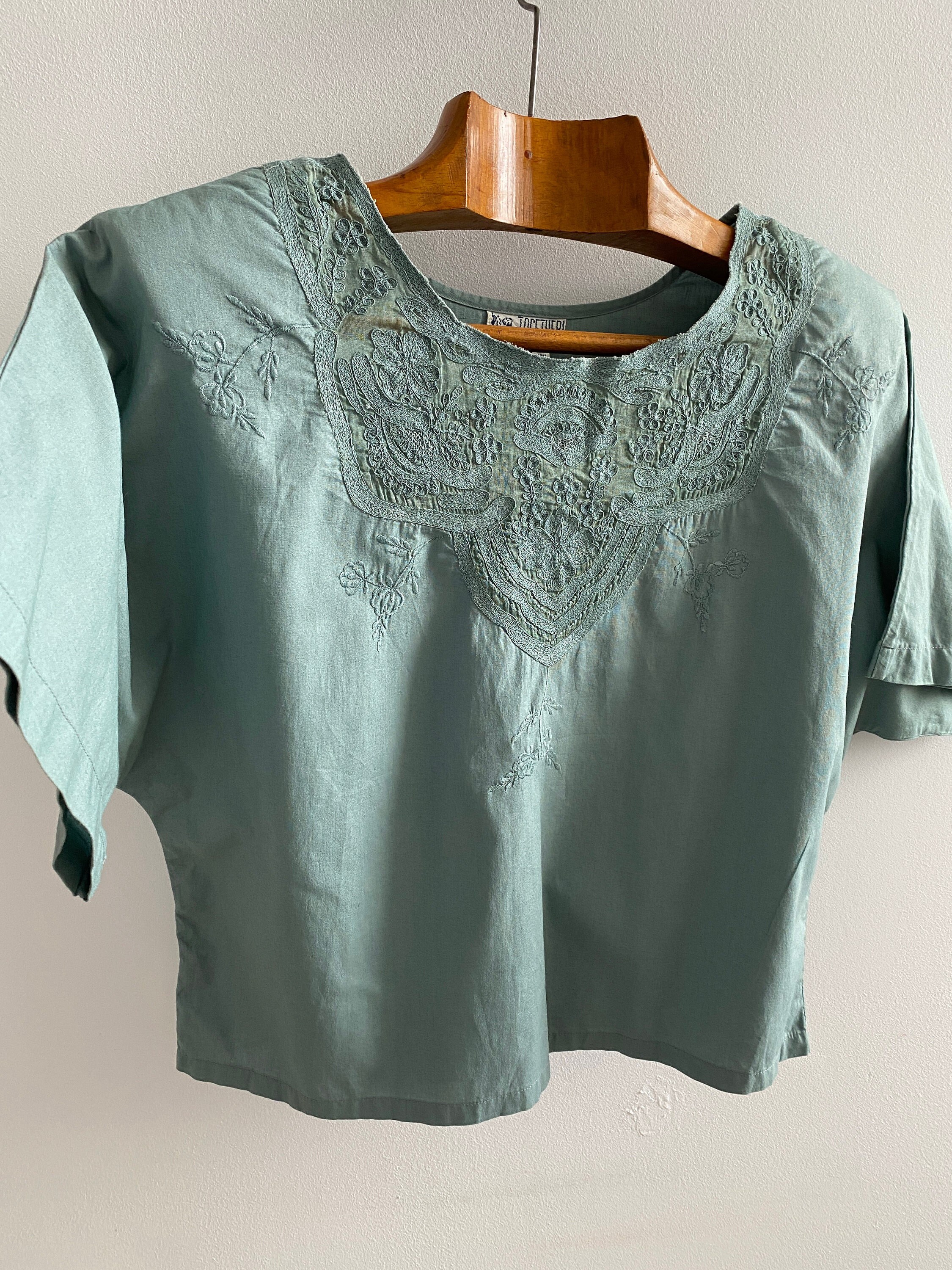 Vintage Grey Embroidered Crop Top for Women Size M L Cotton Summer Top ...