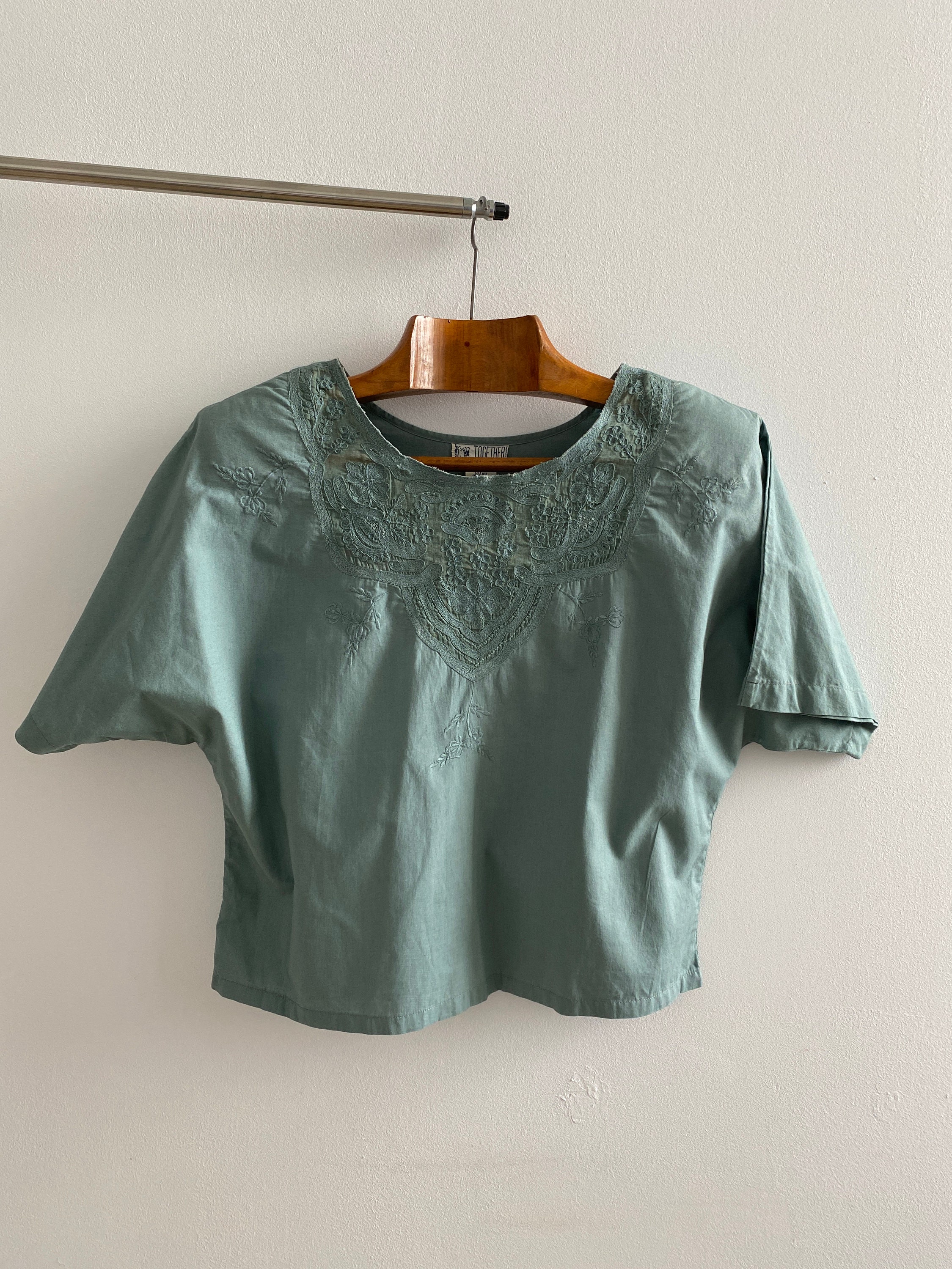 Vintage Grey Embroidered Crop Top for Women Size M L Cotton Summer Top ...