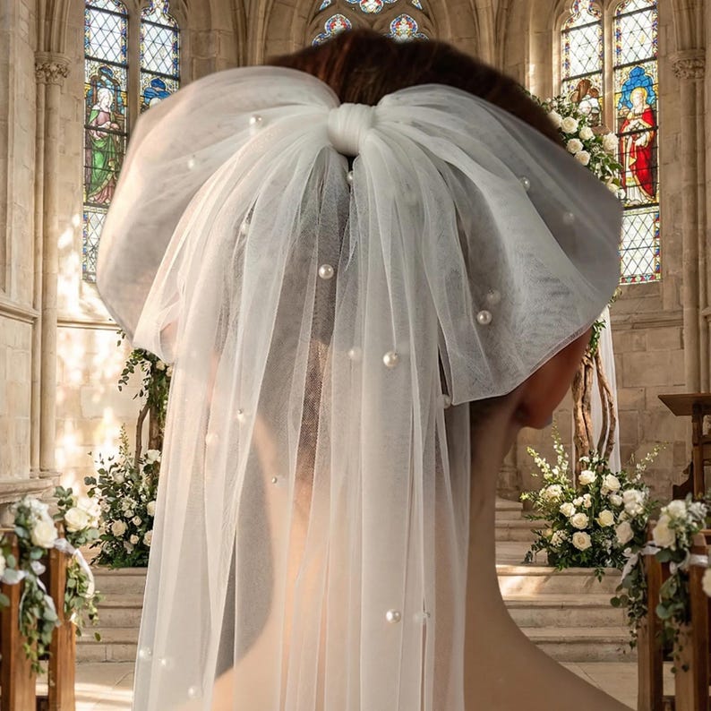 In Heaven Match Bridal Bow Veil | Soft Tulle With Luminous Pearls ...