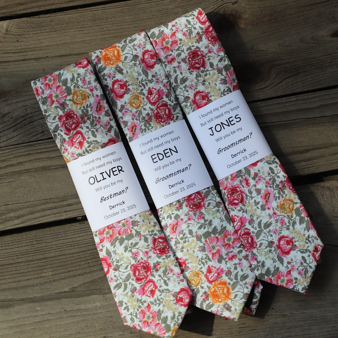Floral Cotton Necktie, Wedding Groomsmen Ties, Pink Rose Skinny Tie ...