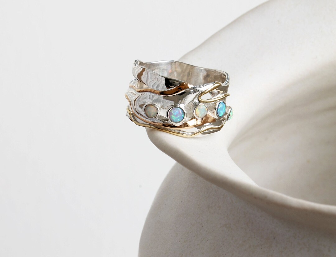 Opal Ring, Quintet of Fire Opals Ring, Statement Ring, Beach Jewellery, Ocean Ring, October ...