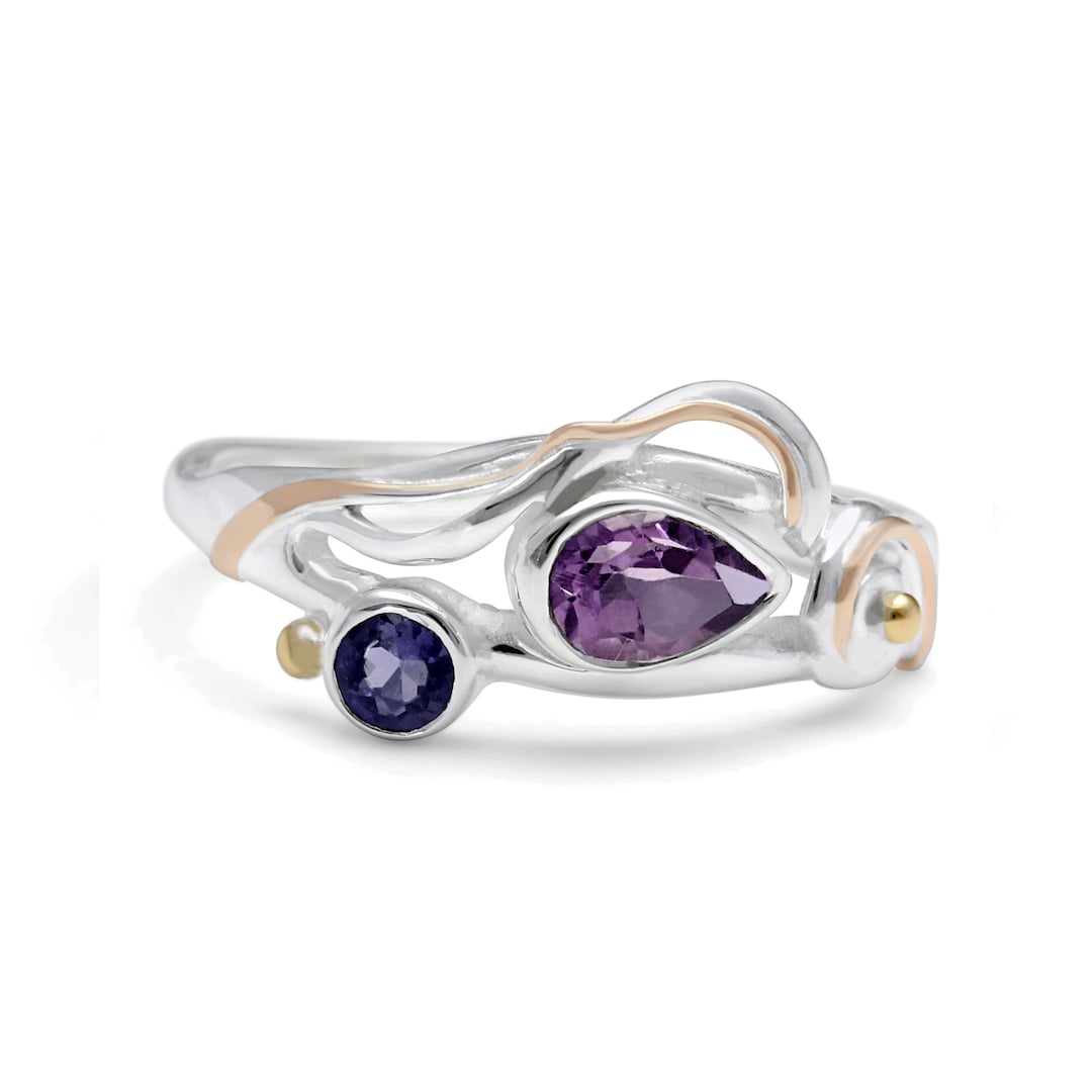 Handmade Teardrop Amethyst and Iolite Ring With 14kt Gold Details ...