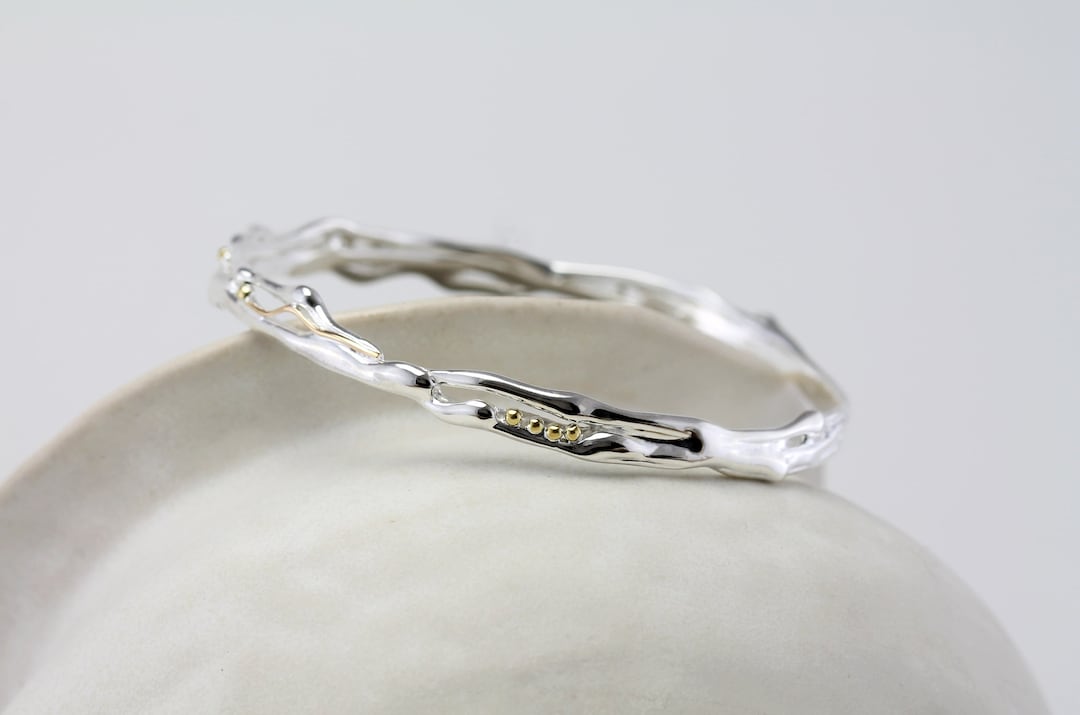 Handmade Sterling Silver Bangle: Organic Design With Gold Details - Etsy