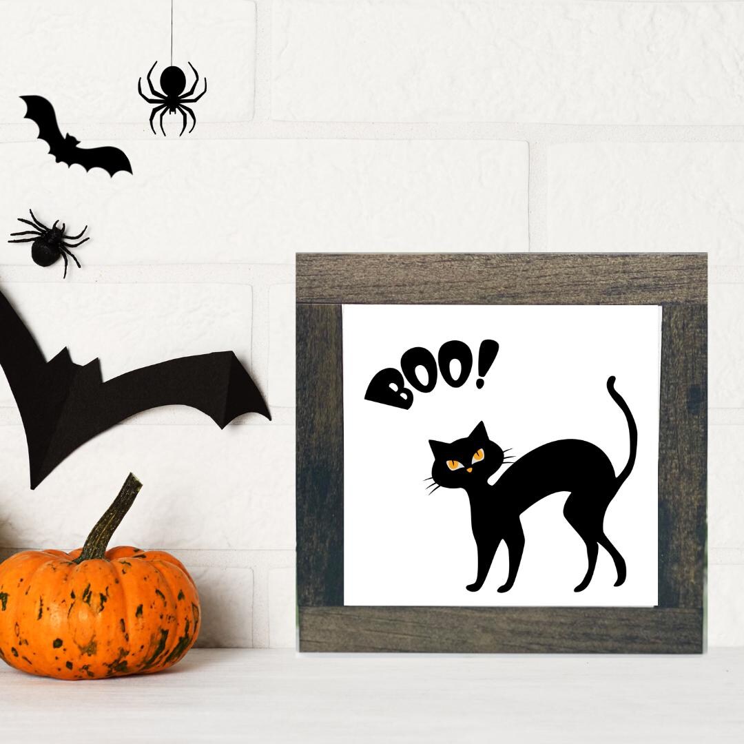 Boo! Wooden Sign, Black Cat Halloween Home Decor, Black Cat Sign, Black ...
