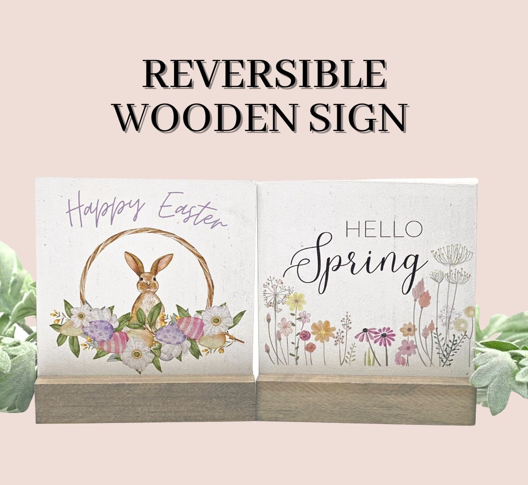 REVERSIBLE Spring Sign, Happy Easter Sign, Bunny Home Decor, Hello ...