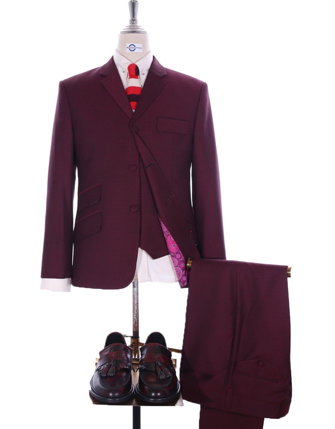 Men's Three Piece Suit - Burgundy Check Suit - Etsy