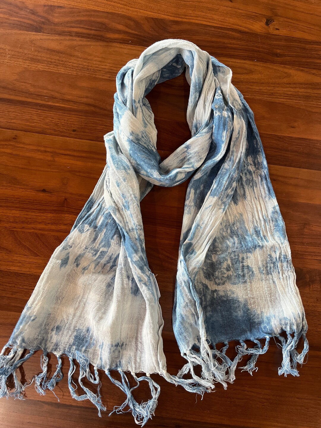 Blue and White Cotton Scarf With Tassles - Etsy