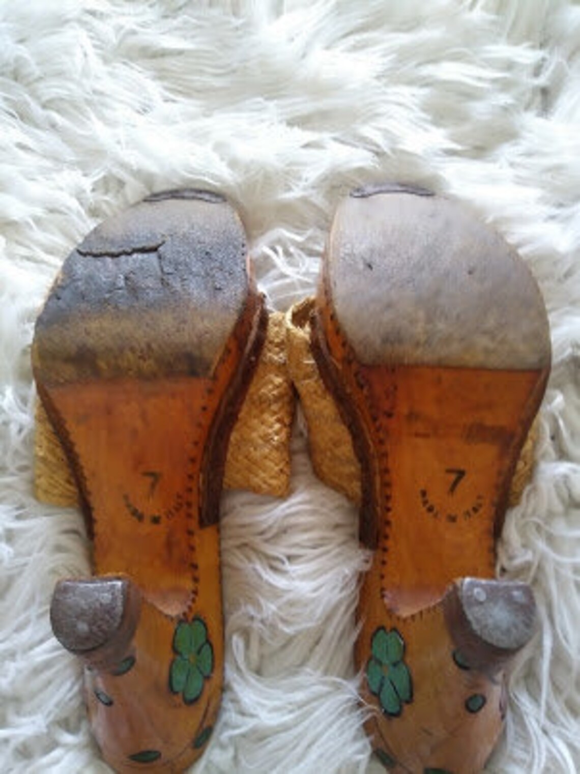 Raffia Straw Wood Mule Sandals Painted Flowers Hand Carved 1960's Italy ...
