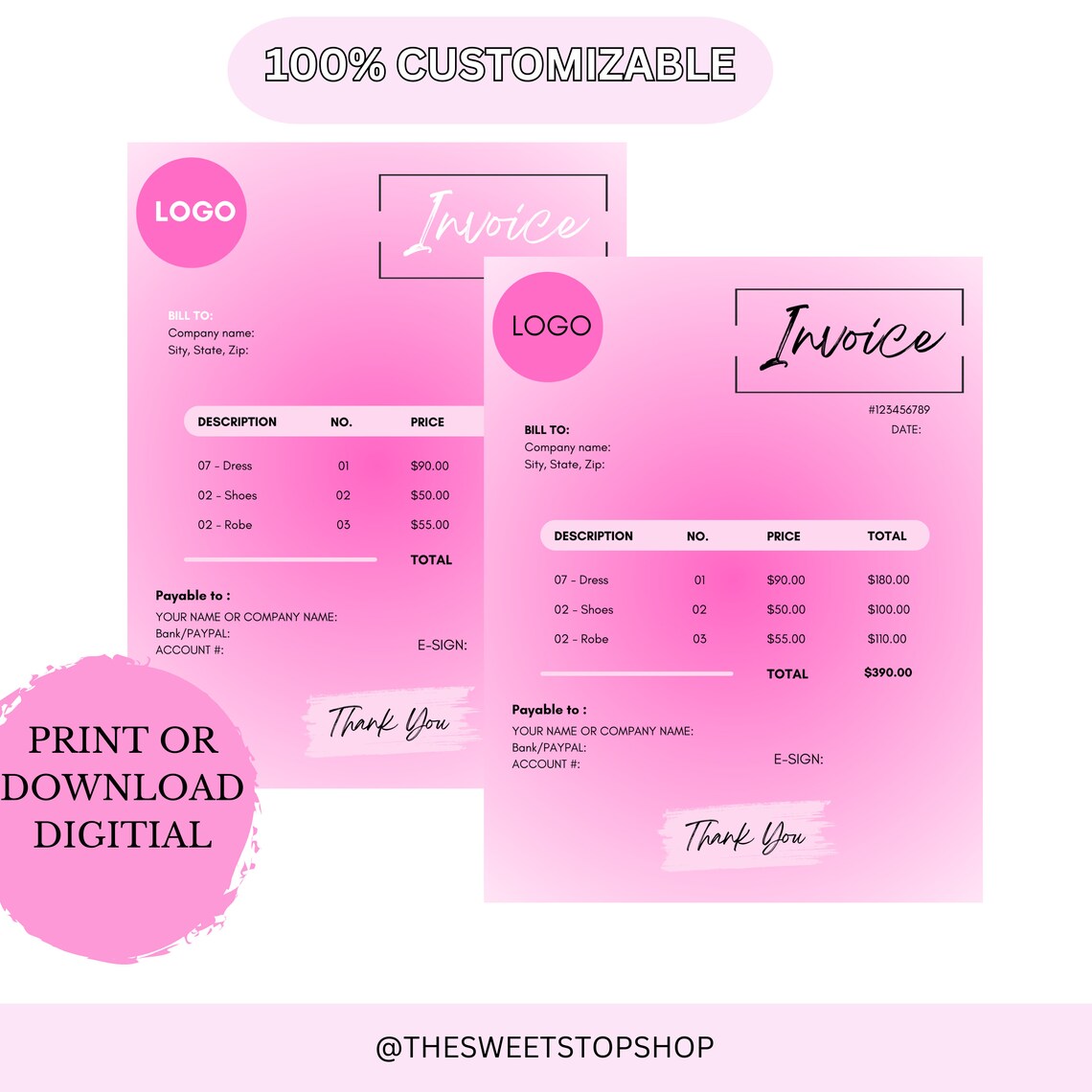 Invoice Template Bundle - Pink, Small Business Template, Editable ...