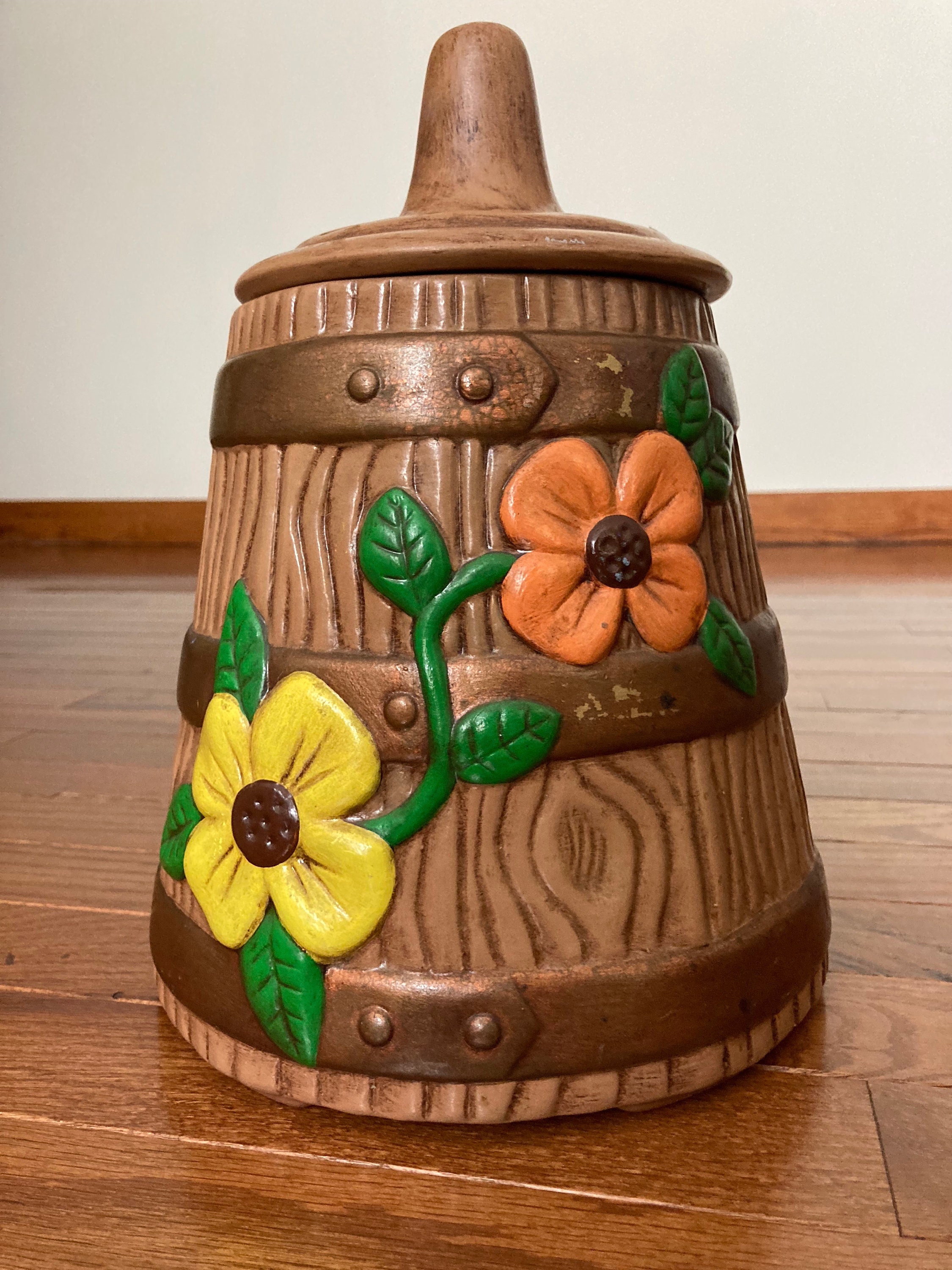 Vintage 1978 Oak Barrel / Tree With Flowers Ceramic Cookie Jar - Etsy