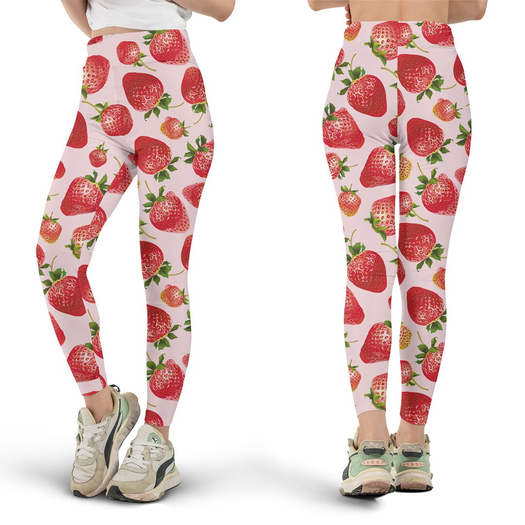 Pink Strawberry Pattern Leggings, Abstract Leggings, Spandex Leggings ...