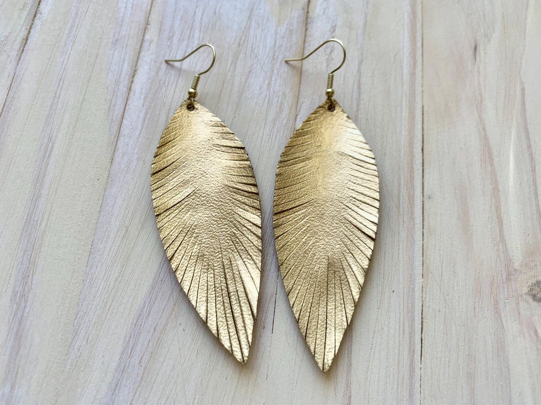 Long Gold Feather Earrings: Lightweight Genuine Leather, Hypoallergenic ...