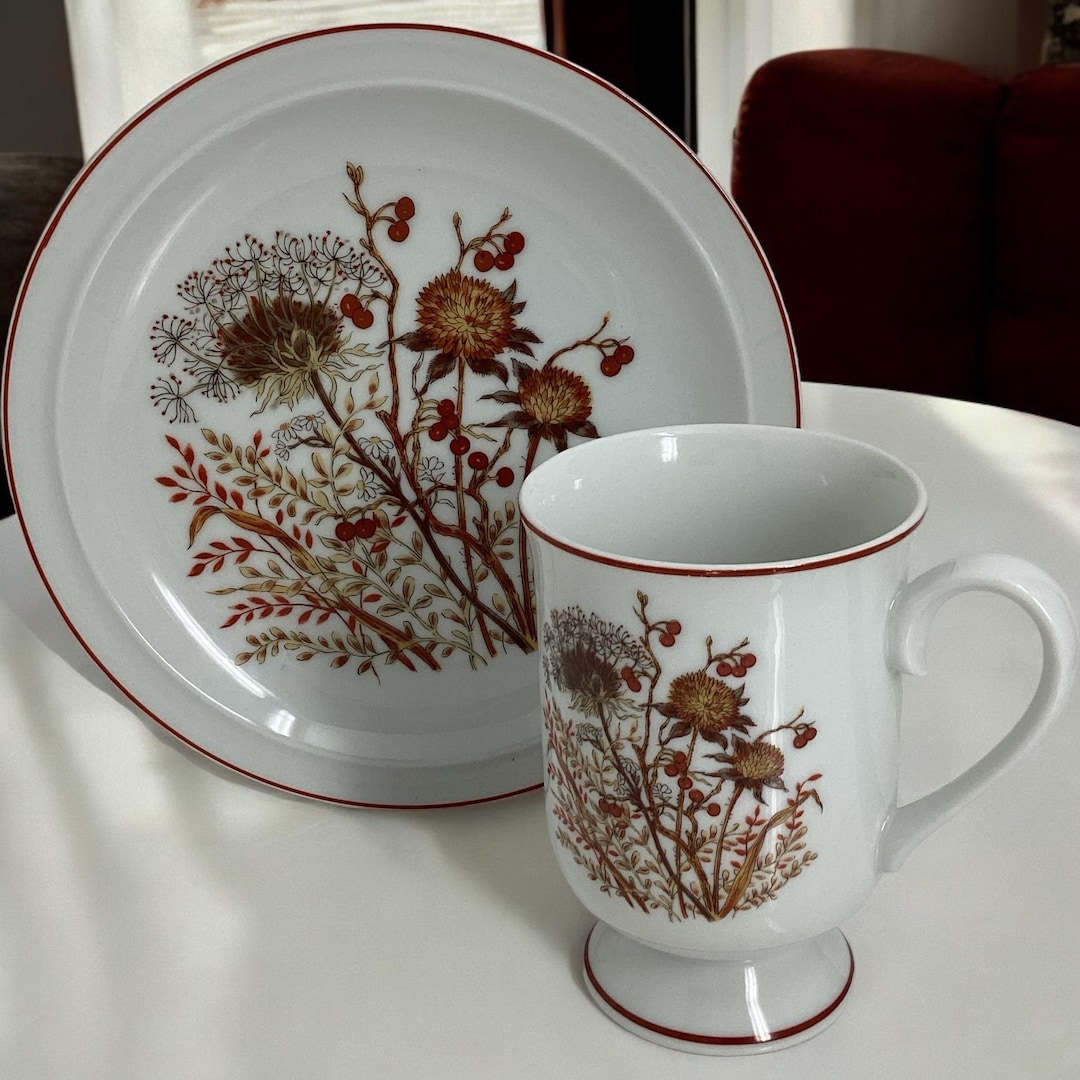 Beautiful Vintage Bramble Fanci Floral Breakfast Dessert Set Footed Mug ...