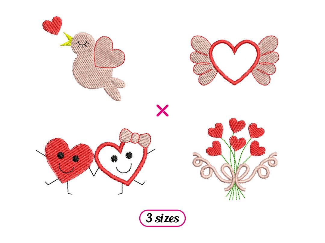 Mini Valentine Hearts Patterns Set Machine Embroidery Designs - Bird, Flying Heart, Heart Couple ...