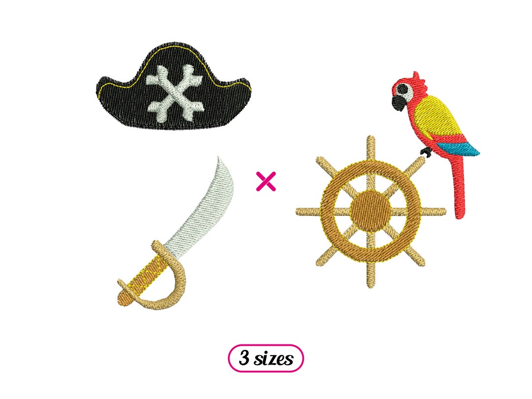 Mini Pirate Set Machine Embroidery Designs – Parrot, Tricorn Hat, Helm ...