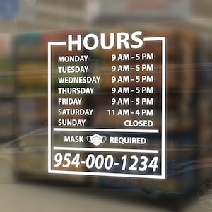 Custom Store Hours Mask Required Vinyl Decal, Store Hours Decal, Window ...