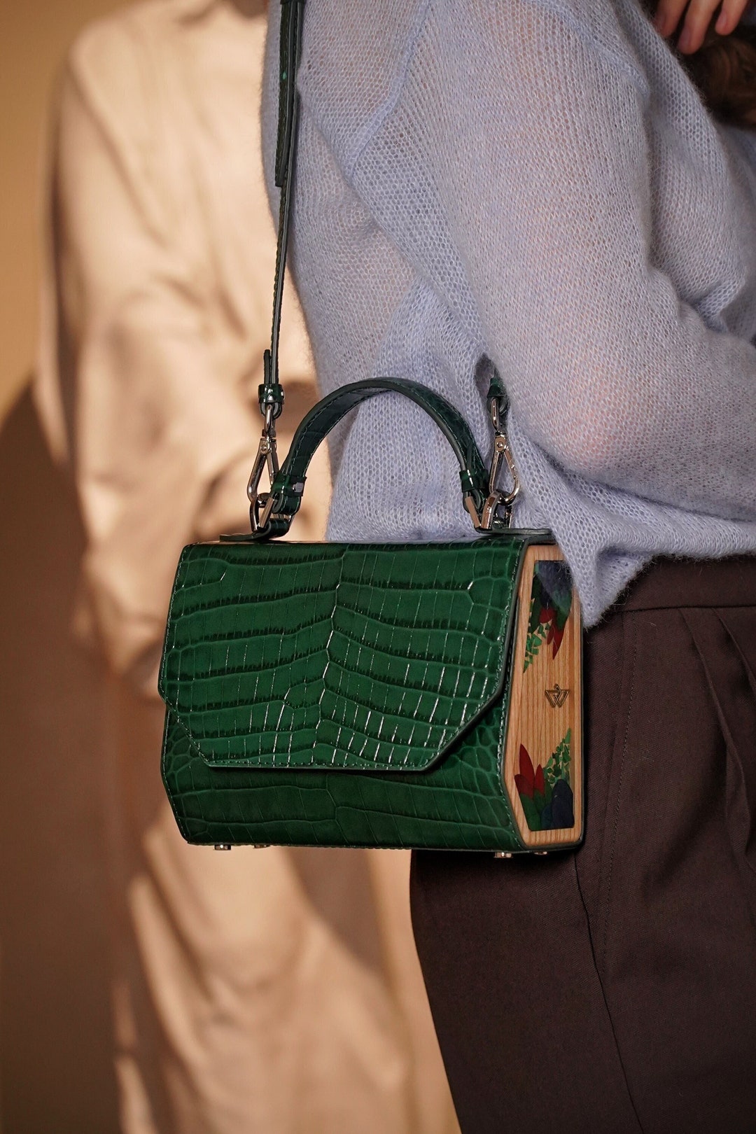 Emerald Green Croco Bag Calfskin, Wooden Sides From Carpathian Ash-tree ...