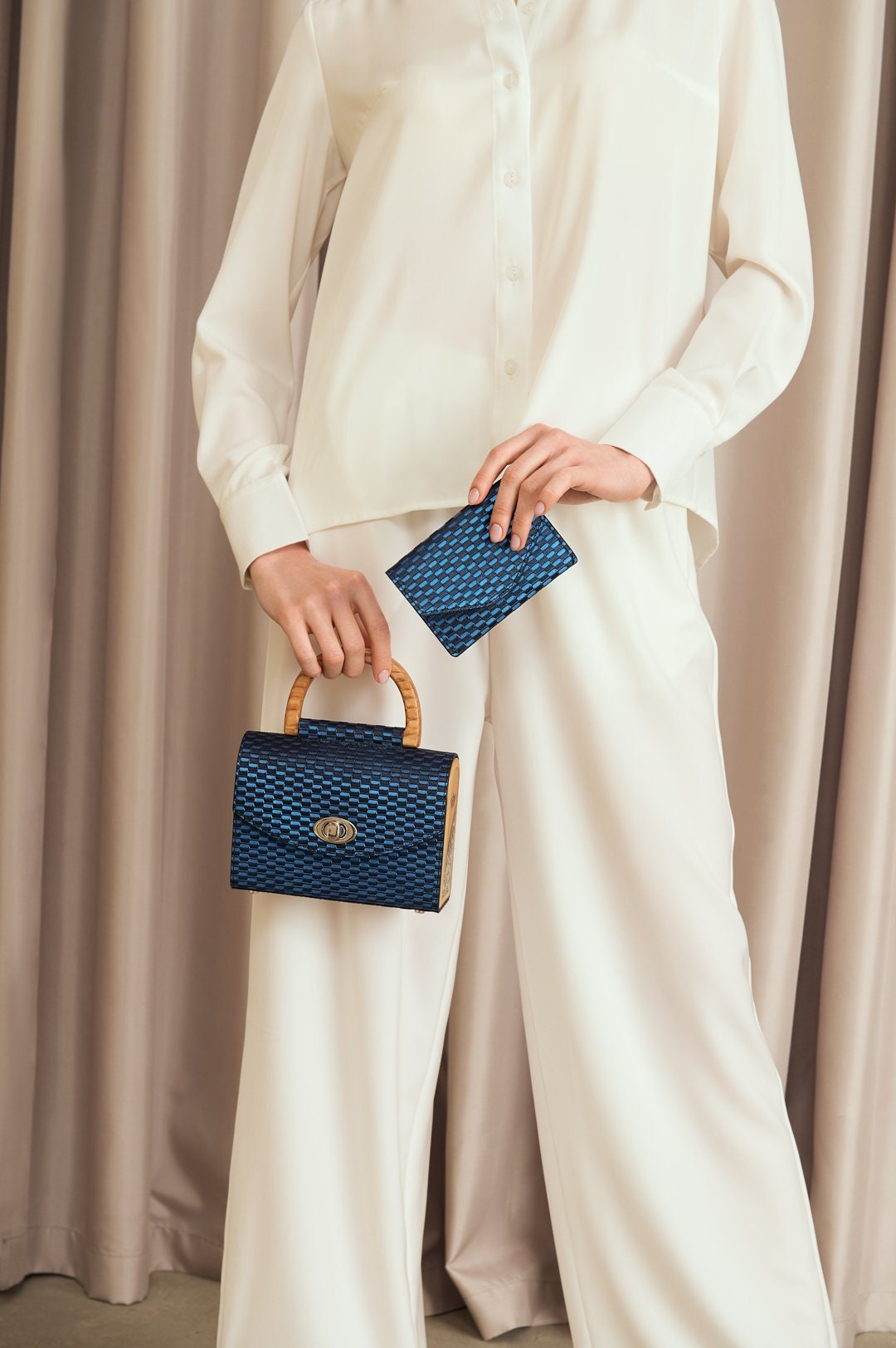 Blue Top Handle Bag Braided Embossed Leather Handbag With Wood and ...