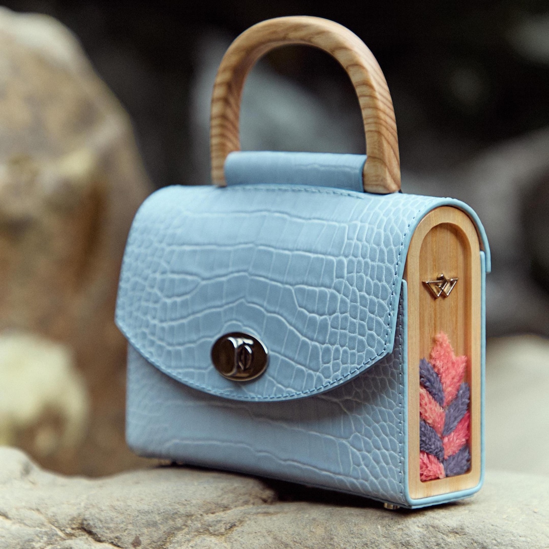 Blue Crocodile Leather Crossbody Bag: Italian Leather Purse With Wood ...