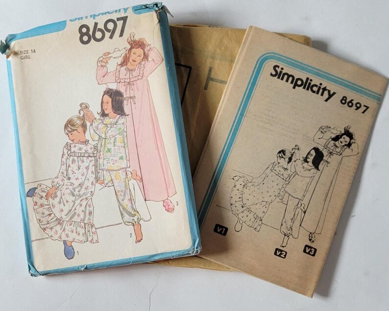 Girls Long Nightgown Sewing Pattern Pajama Pants Tops Set, Vintage 70s ...