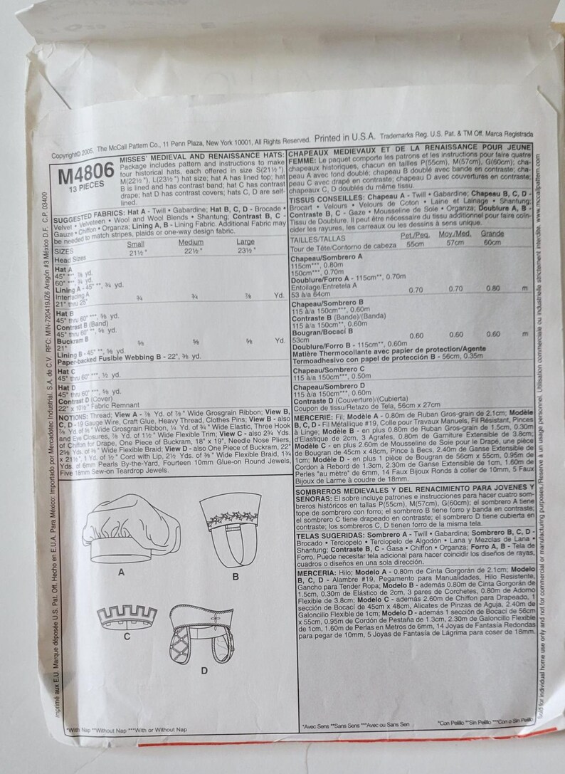 Costume Sewing Pattern Adult Medieval and Renaissance Hats Mccalls ...