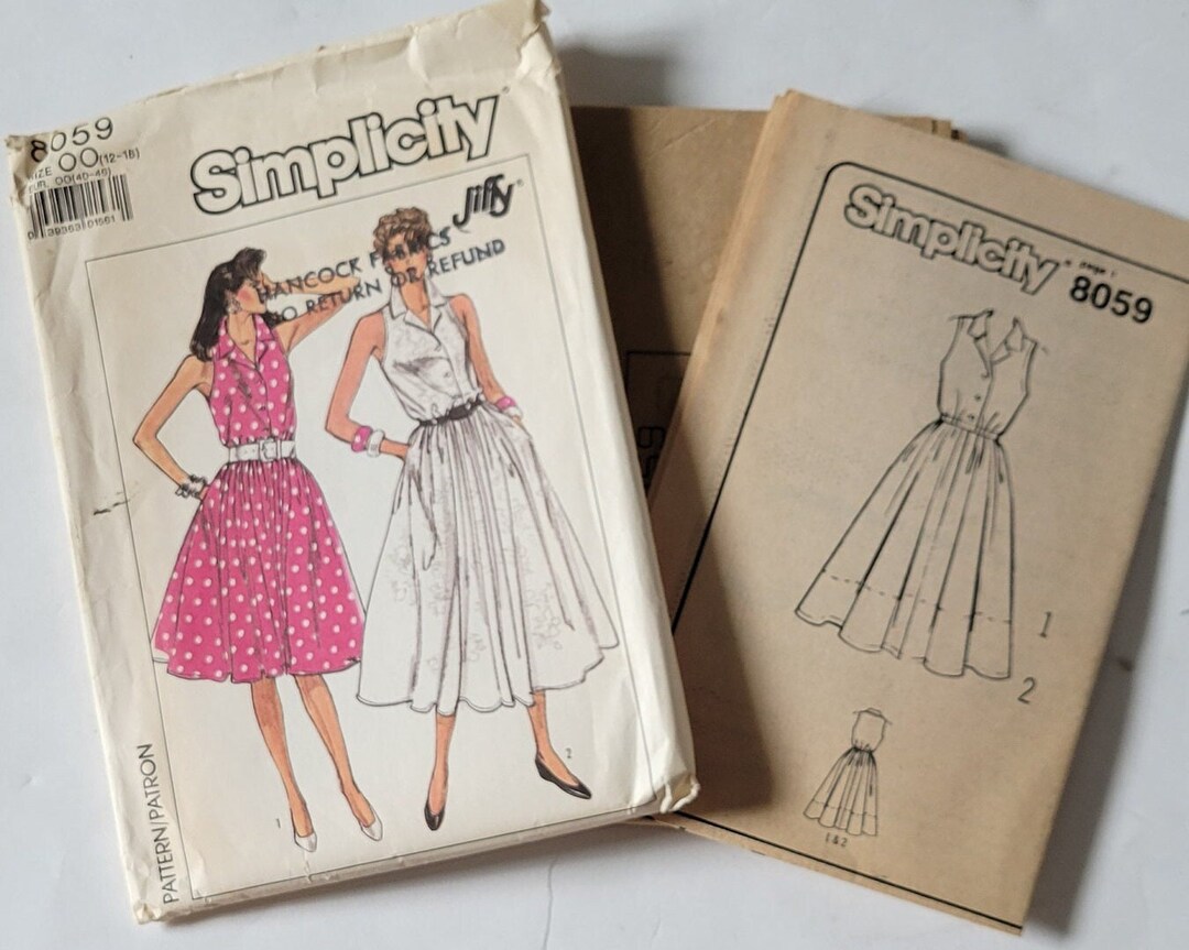 80s Dress Sewing Patterns Womens Flare Midi Shirt Dresses With Elastic Waist, Simplicity 8059 ...