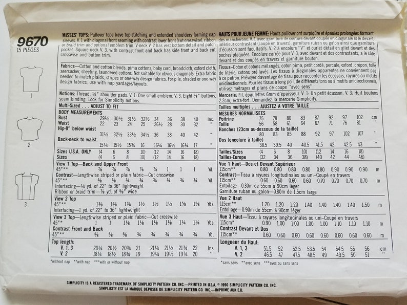 Square Neck Top Sewing Patterns for Womens Tops V Neck & Square Neck, Vintage 90s Simplicity ...