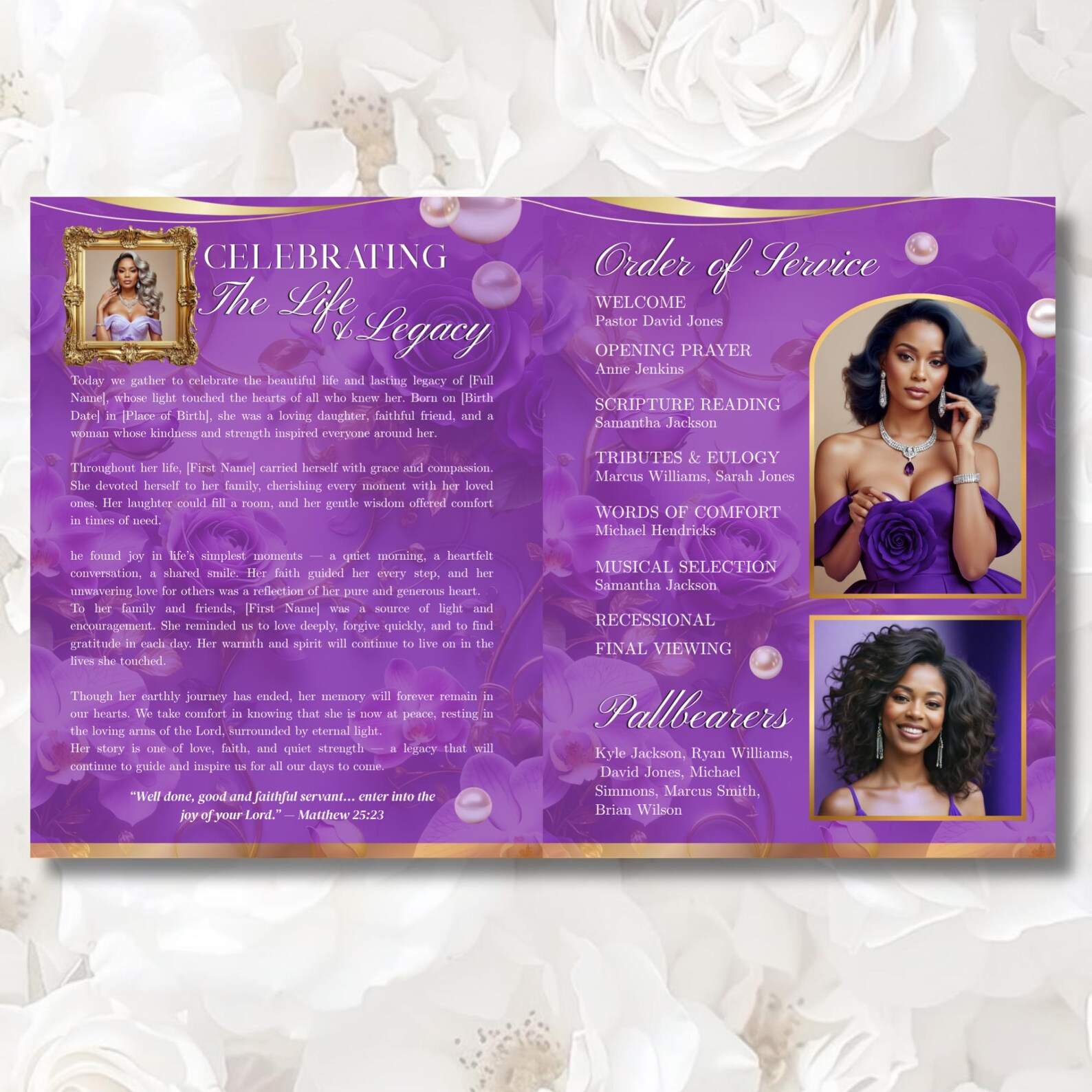 Obituary Template for Women | Funeral Program Template | 8-page ...