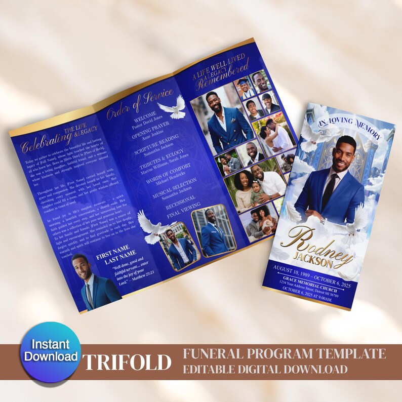 Funeral Program Template | Obituary Template for Men | Trifold Memorial ...