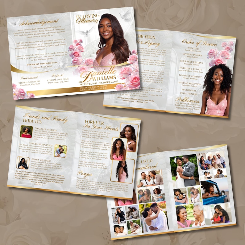 Funeral Program Template Peach Pink Rose : 8-page Memorial Editable ...