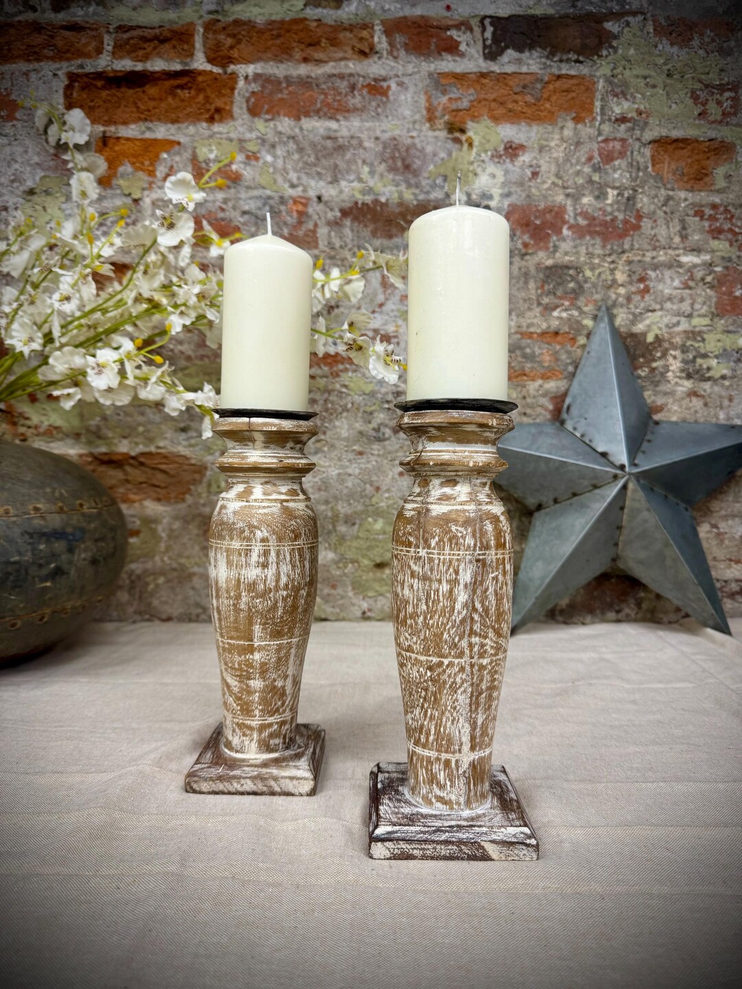 Pair of Rustic Wooden Candle Holders / Large Church Candle Candlesticks ...