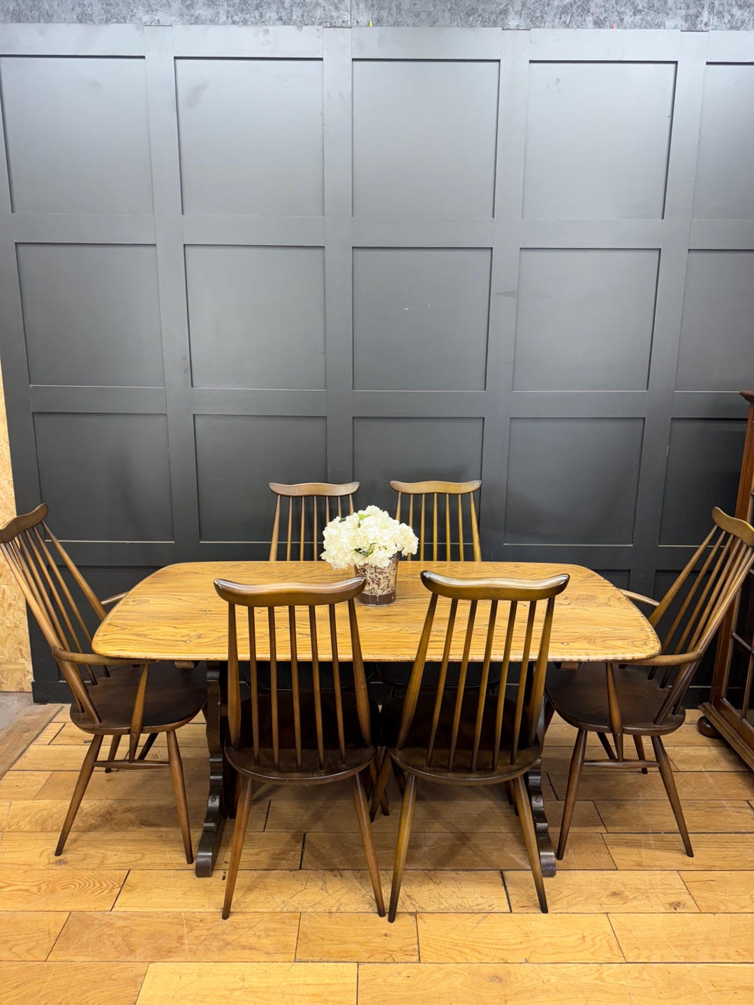 Vintage Ercol Elm Refectory Dining Table & Goldsmith Chairs / Mid ...